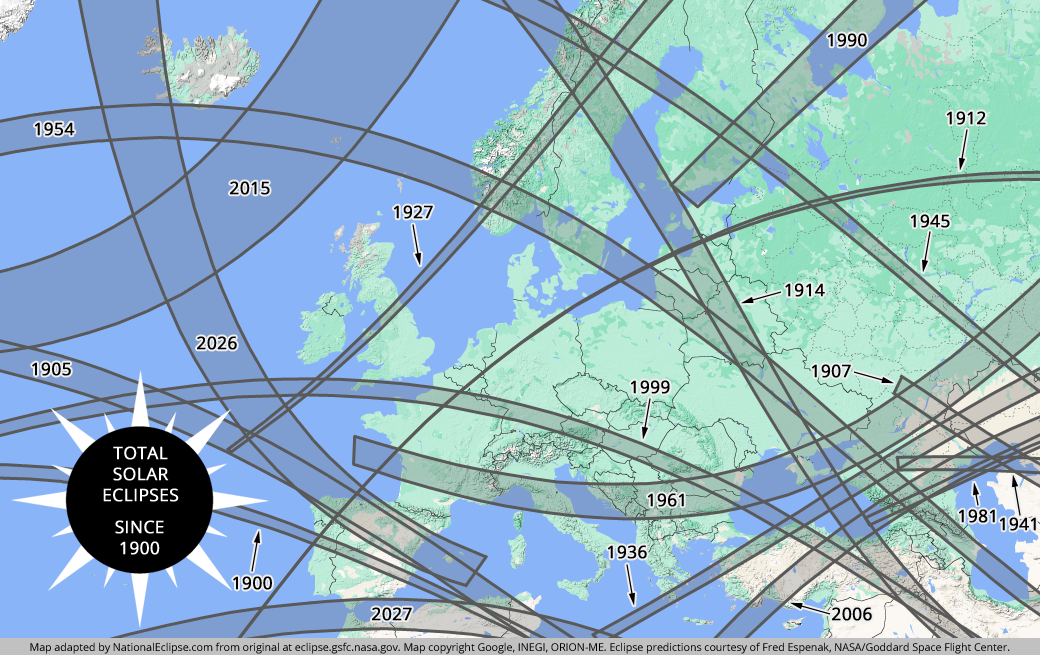 Total Solar Eclipse Map for Europe from 1900 to 2027